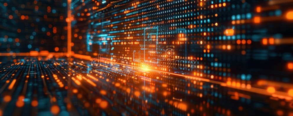 Futuristic Binary Code Numbers Flowing Over Glowing Orange Circuit Board Technology Background ...