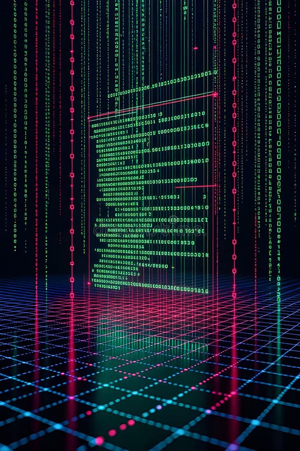 Futuristic Binary Code Stream on Digital Grid Background Stock Illustration - Illustration of ...