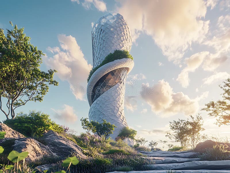 A Futuristic, Bio-inspired Tower with Lush Greenery Stock Illustration ...