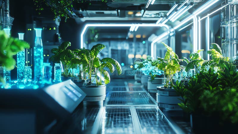 A Futuristic Biolab Filled with Glowing Plants and Genetically Modified ...