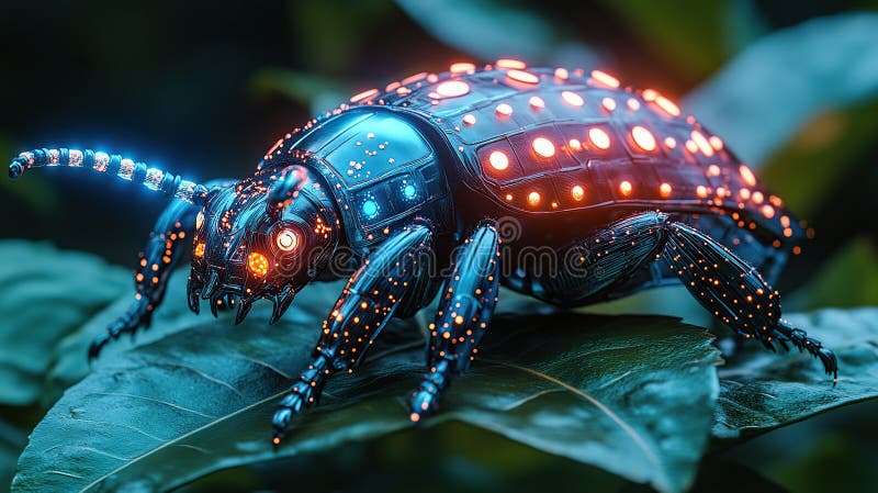 Futuristic Bioluminescent Beetle Robot on a Leaf Stock Illustration ...