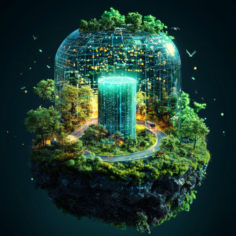 Futuristic Biome Dome with Lush Forest and Glowing Tech in a Floating ...