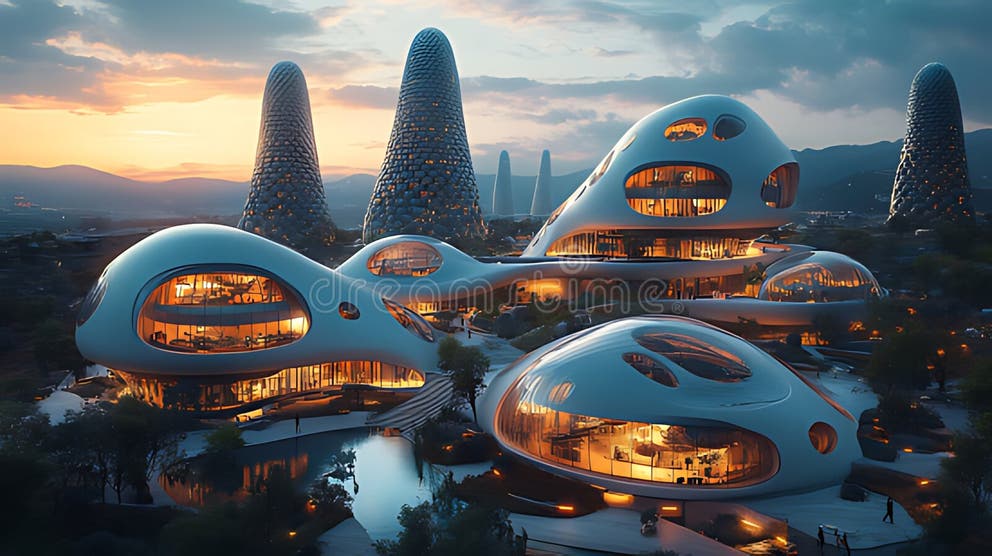 Futuristic Biomorphic Campus Sunset Landscape Design Stock Illustration ...