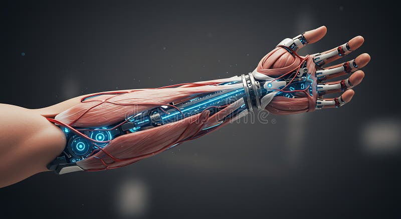 Futuristic Bionic Arm with Visible Muscles and Internal Blue Light ...