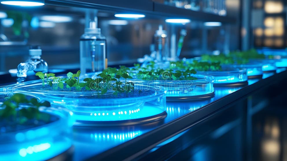 Futuristic Biotech Lab with Rows of Petri Dishes Growing. Stock ...