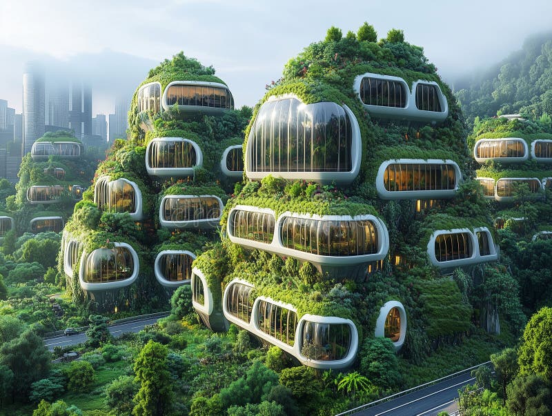 Futuristic Biotech Objects of the Future, Streamlined Shapes. Buildings, City Created with Care ...