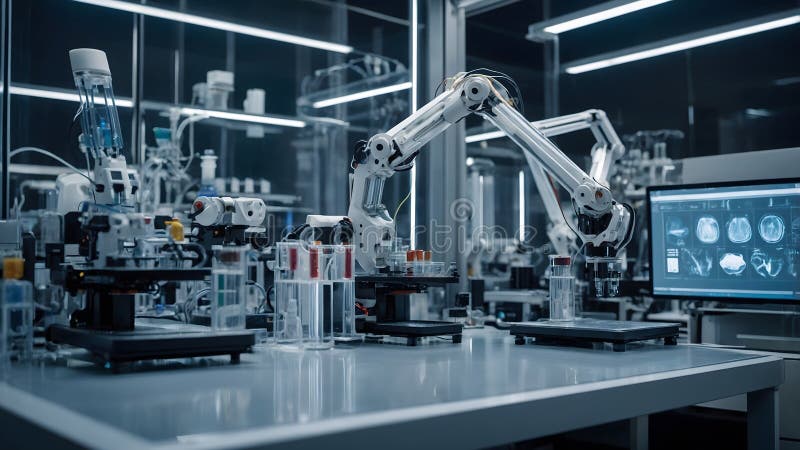 Futuristic Biotechnology Laboratory Featuring Robotic Arms and 3D ...