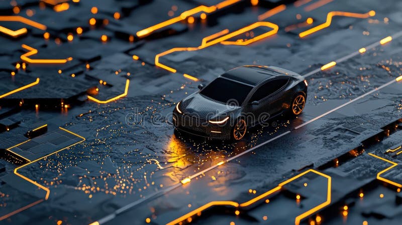 A Futuristic Black Car Drives on a Glowing Circuit Board Symbolizing ...