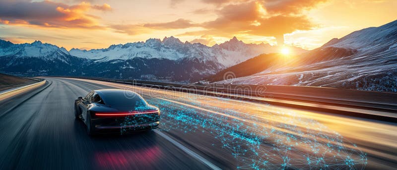 Autonomous Self Driving Vehicle Driving through the Mountains at Sunset ...