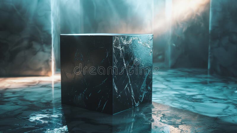 Futuristic Black Cube in a Misty Blue Environment Stock Photo - Image ...