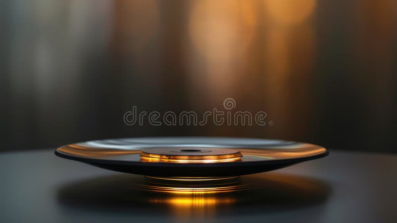 Futuristic Black and Gold Levitating Disk on Reflective Surface Stock ...