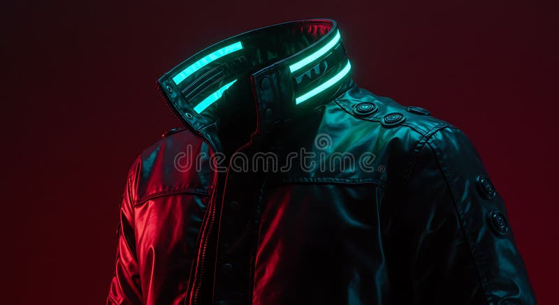 Futuristic Black Leather Jacket with Glowing Blue Collar on a Red ...