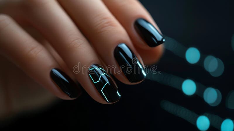 Futuristic Black Nails with Neon Teal Circuit Patterns Stock Photo ...
