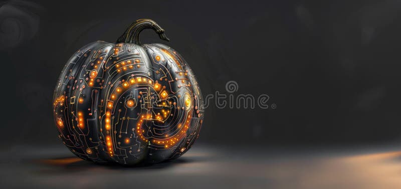 Futuristic Black Pumpkin with Glowing Orange Circuit Patterns, Representing Halloween Technology ...