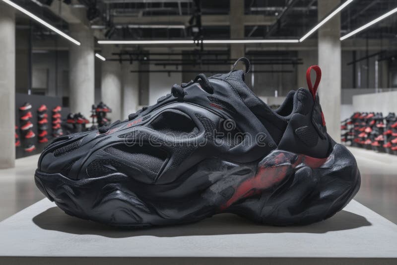Futuristic Black Running Shoe in Modern Store Display Stock Image ...