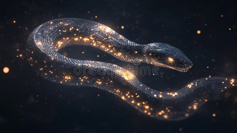 Futuristic Black Snake with Glowing Particles is Floating in Space. the ...