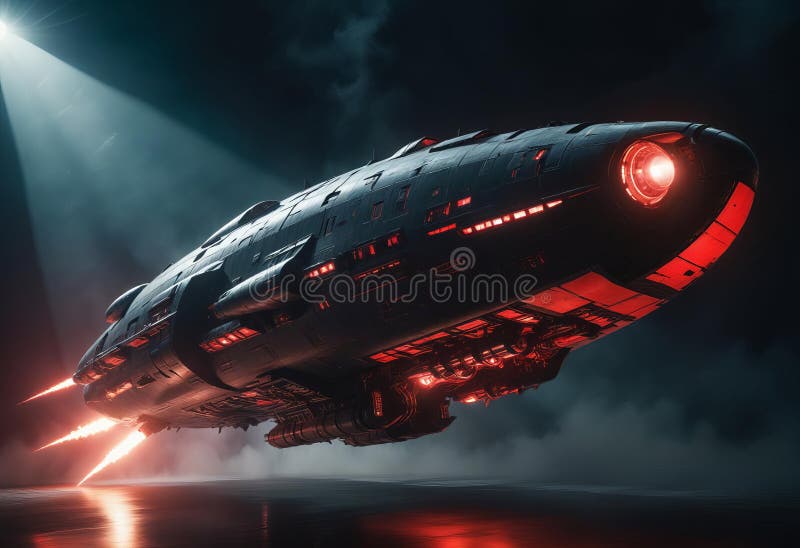 A Futuristic Black Spaceship with Glowing Red Engines and Lights Stock ...