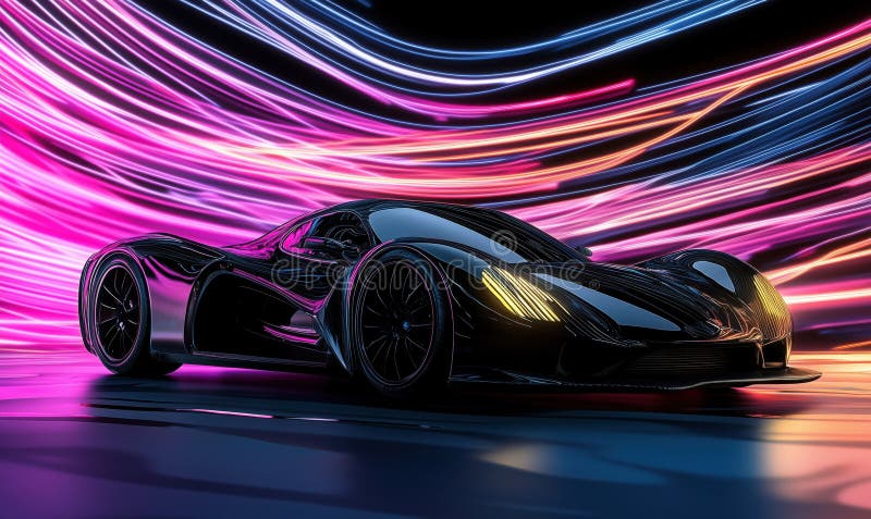 Futuristic Black Sports Car with Neon Light Trails in Dynamic Motion ...