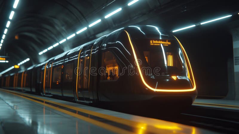 Futuristic Black Train with Orange Accents in a Tunnel Stock ...