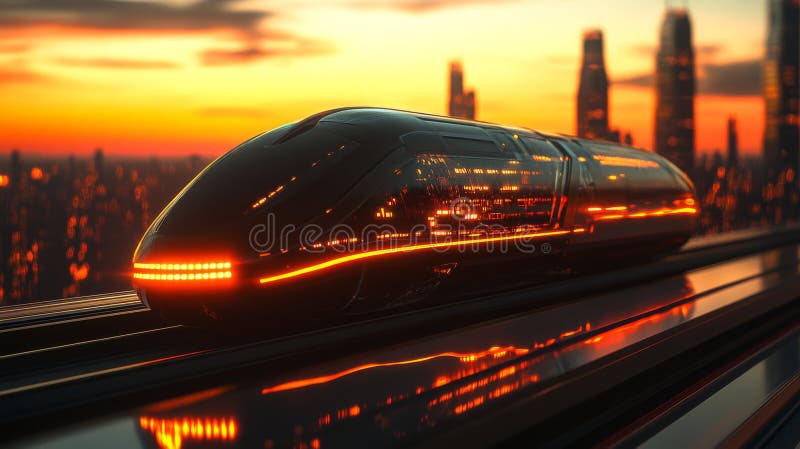 Futuristic Black Train with Orange Lights on a Track at Sunset Stock ...