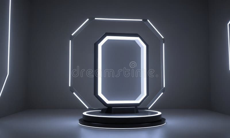 Futuristic Black and White Platform with Large Octagonal Panel Stands ...