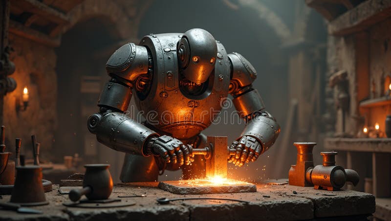 Futuristic Blacksmith Robot Forging Metal in Medieval Workshop Stock ...