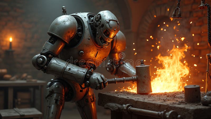 Futuristic Blacksmith Robot Forging Metal in Medieval Workshop Stock ...