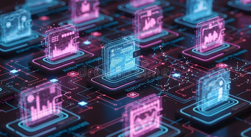 Futuristic Blocks Displaying Data and Connections, Cyberpunk Style, Network Visualization Stock ...