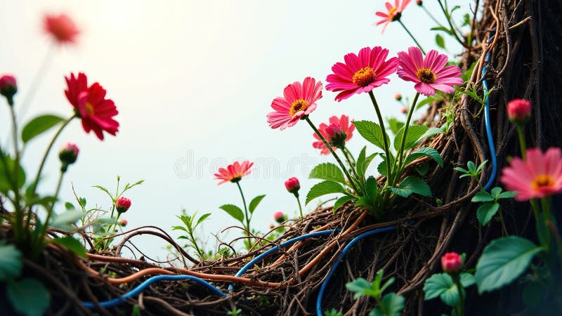 A Futuristic Bloom Intertwined Flower Roots and Tech Cables a Stunning ...