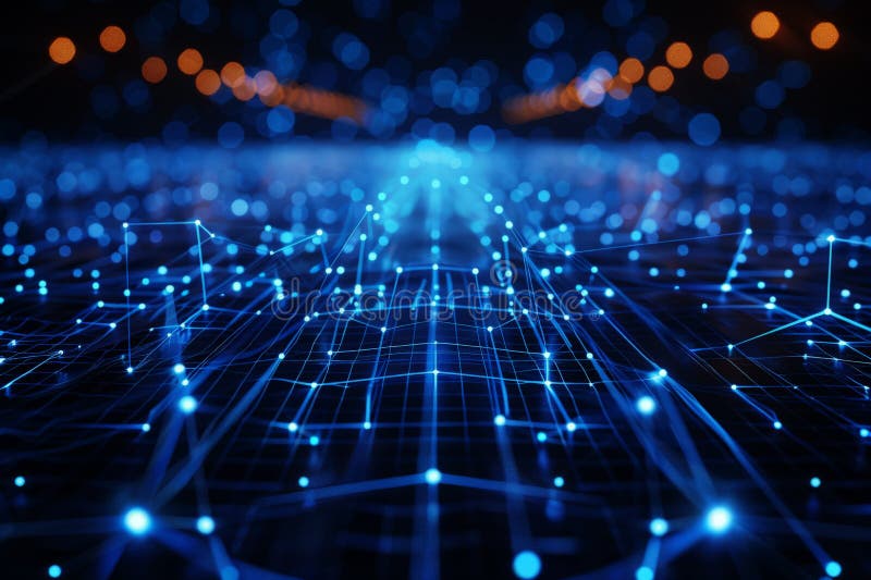 Futuristic Blue Abstract Background with Network Grid and Glowing ...