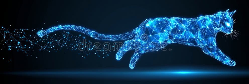 Futuristic Blue Abstract Leaping Cat Composed of Polygons and Light ...