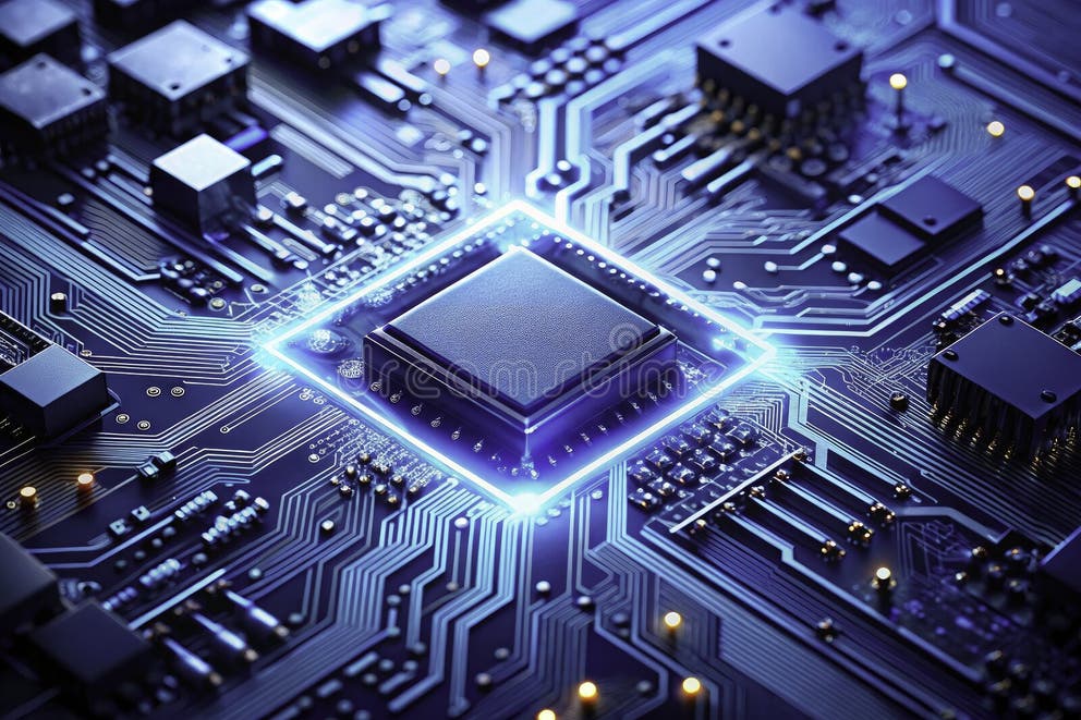 Futuristic Blue AI Processor Chip on Circuit Board a Visual Exploration ...
