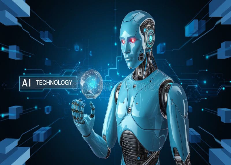 Futuristic Blue AI Technology Banner Featuring a Sleek Robot Design and ...