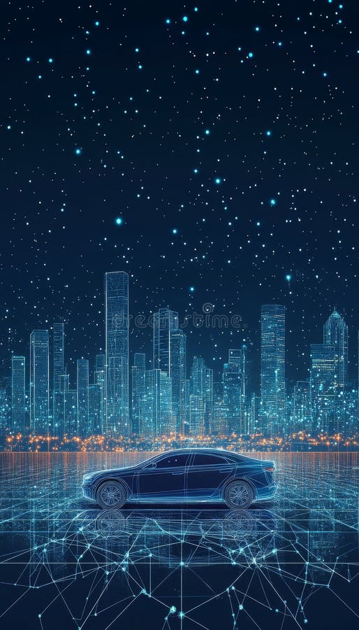 Futuristic Blue Car in a Digital Cityscape Featuring Ai and Self ...
