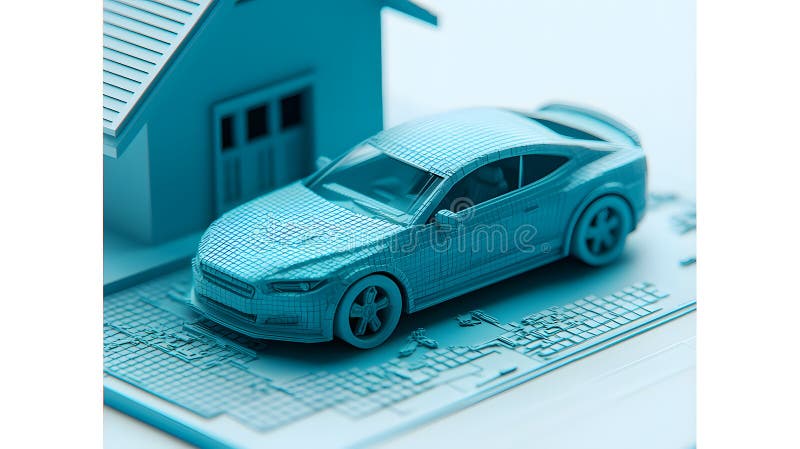 A Futuristic Blue Car Model Next To a House Stock Photo - Image of ...