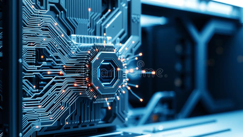 Futuristic Blue Circuit Board with Glowing Connections on a Computer ...