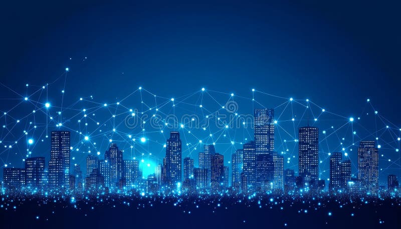 Futuristic Blue City Night Skyline with Illuminated Buildings ...