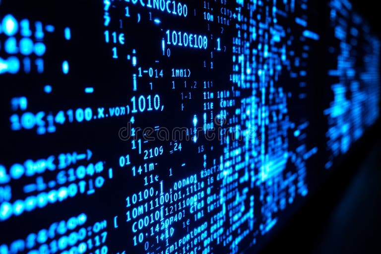 Futuristic Blue Computer Code Display with Low Angle Perspective Illuminating Digital Data and ...