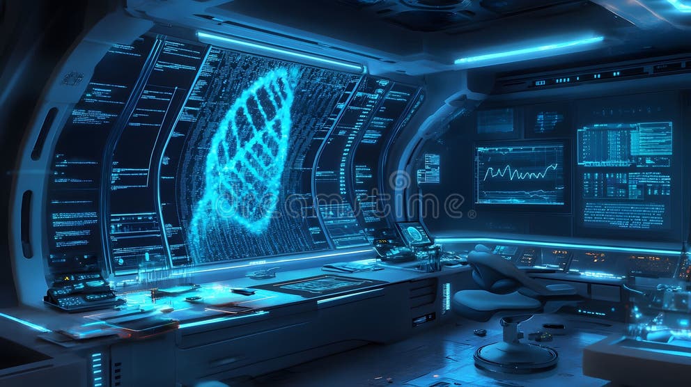 Futuristic Blue Control Room with Glowing Digital Interface Stock ...