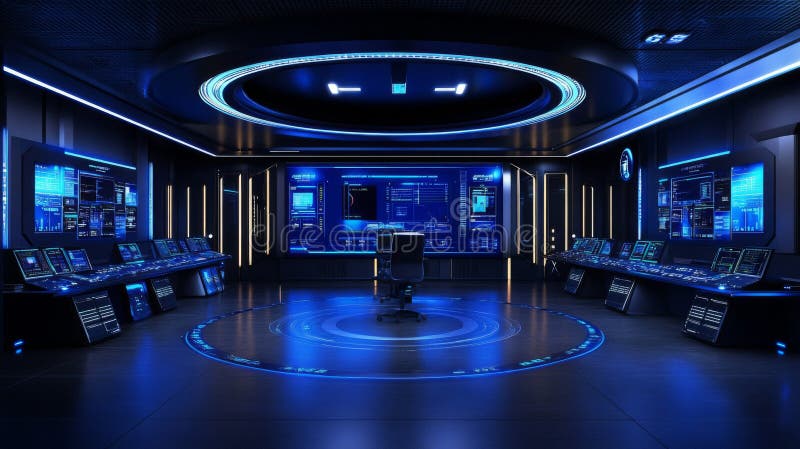 Futuristic Blue Control Room Interior with Digital Interfaces Stock ...