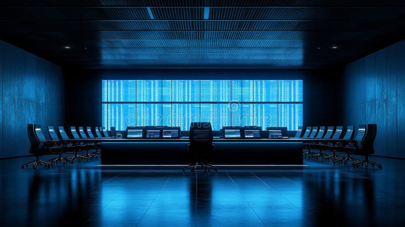 Futuristic Blue Control Room Interior with Digital Screens Stock ...