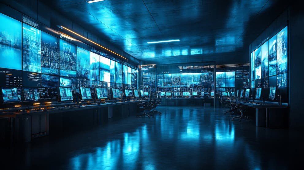 Futuristic Blue Control Room with Multiple Data Screens Stock ...