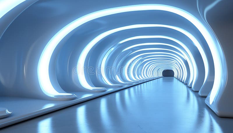 Futuristic Blue Corridor, Empty and Bright, with Glowing Reflections ...