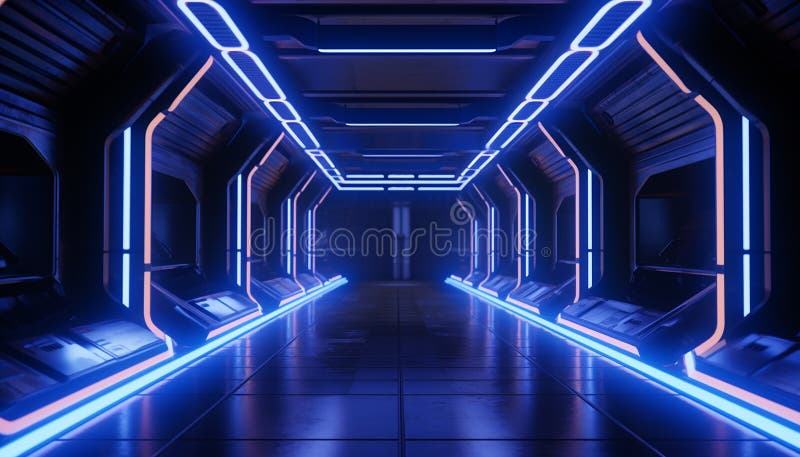 Futuristic Blue Corridor, Modern Architecture, Illuminated by Glowing ...