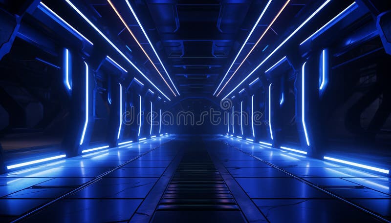 Futuristic Blue Corridor, Modern Architecture, Vanishing Point ...