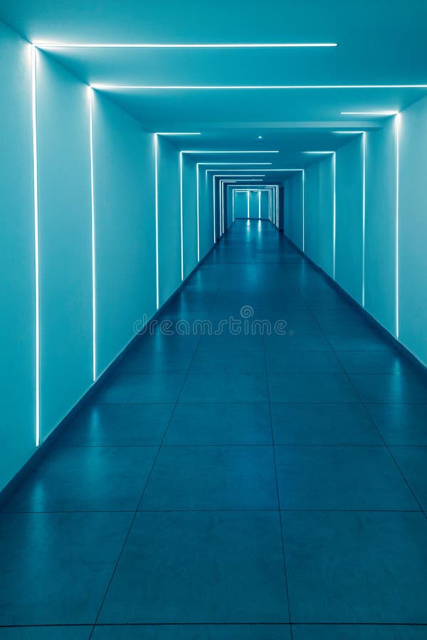 Futuristic Blue Corridor with Neon Lights Stock Photo - Image of lines ...