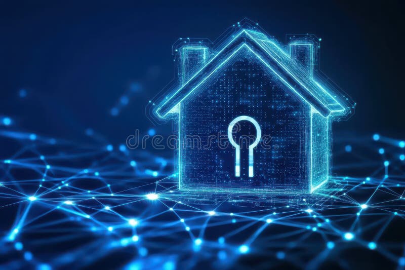 Futuristic Blue Cyber House with Glowing Lock Symbol on a Digital ...