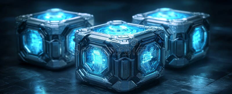 In a Futuristic Blue Cyberspace, Glowing Digital Data Cubes Emit Cyber ...
