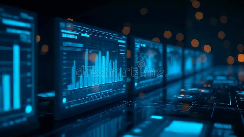 AI Dim Room with Glowing Data Chart Screens Stock Footage - Video of ...