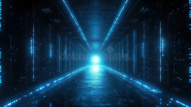 Futuristic Blue Data Center Corridor, Glowing Lights, Digital ...